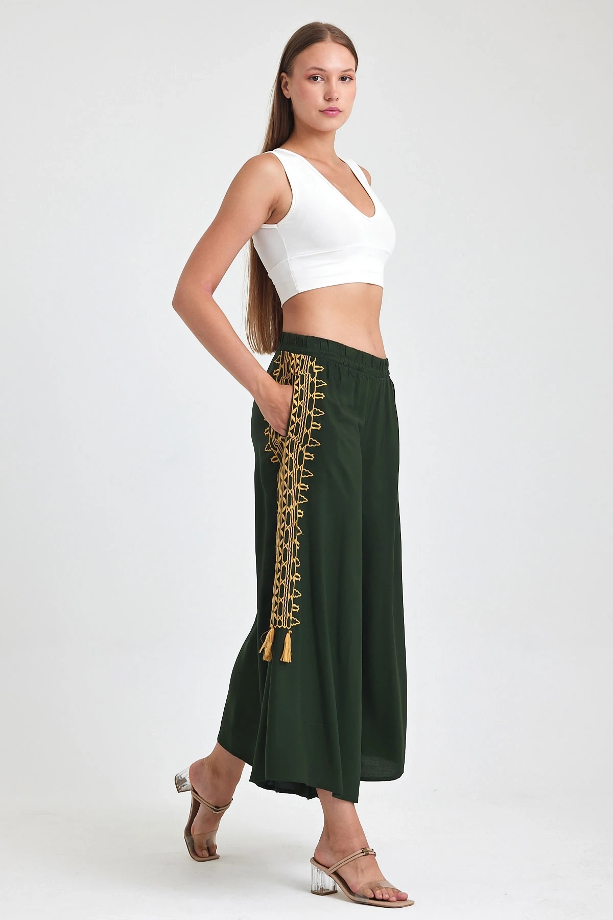 Baccatelier kadın giyim Haki Nakış İşlemeli Rahat Kalıp Şalvar Pantolon